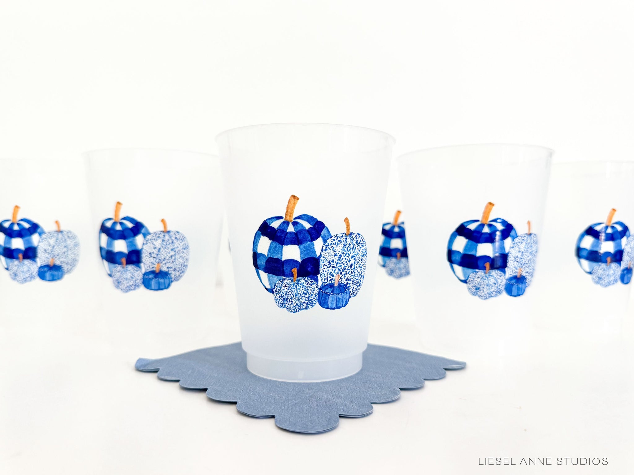 Blue & White Pumpkin 16oz Shatterproof Cups [Set of 8] | Liesel Anne ...